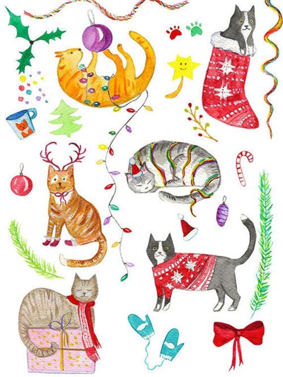 Watercolor Cats Clipart Christmas Cats Cat Card Christmas | Etsy