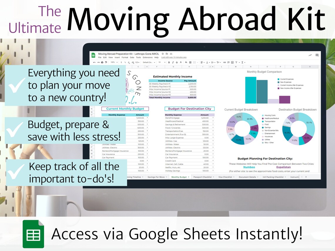 Moving Abroad Kit / Google Sheets / International Move Planner W ...