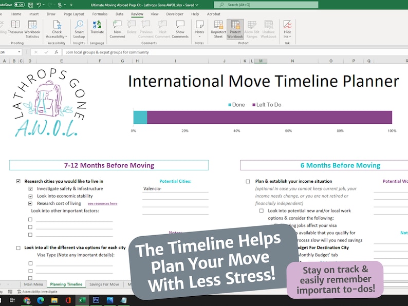 Moving Abroad Prep Kit / Microsoft Excel / International Move Planner ...