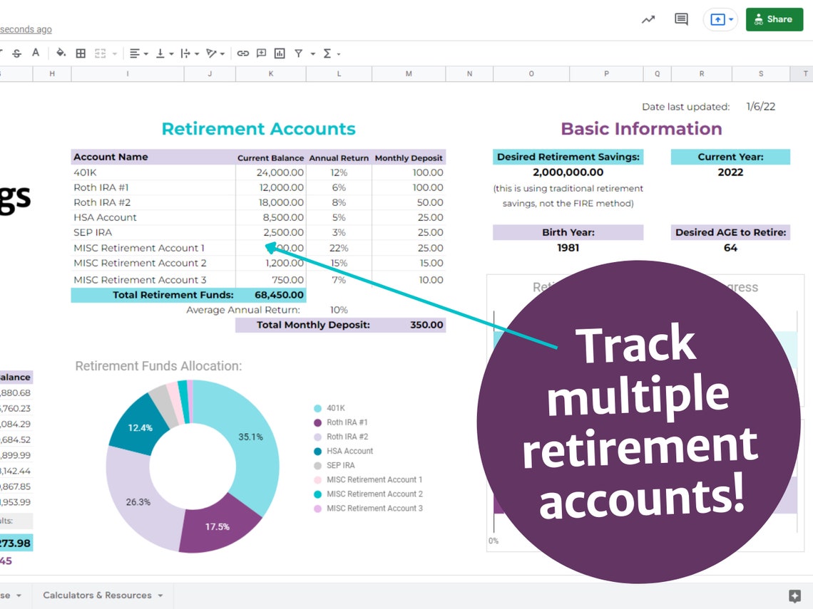 Simple Retirement Planner / Google Sheets / Easy to Use / Retire Early ...