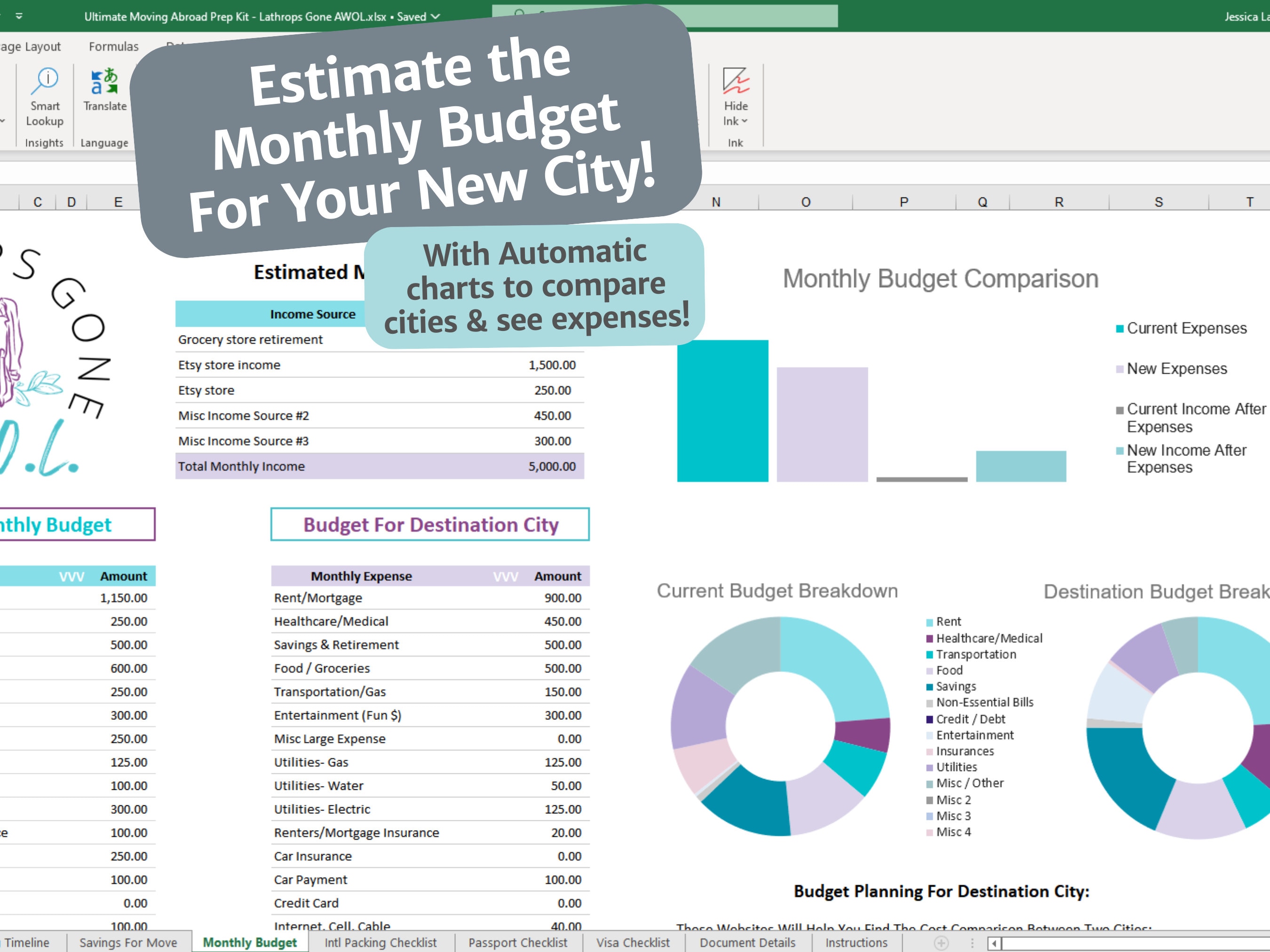 Moving Abroad Prep Kit / Microsoft Excel / International Move Planner ...