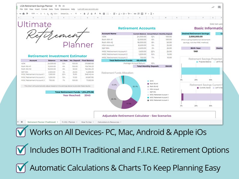 Simple Retirement Planner / Google Sheets / Easy to Use / Retire Early ...