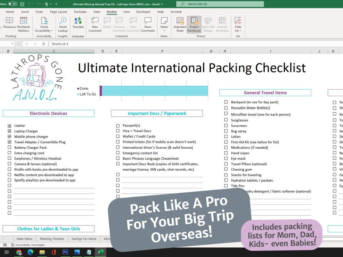 Moving Abroad Prep Kit / Microsoft Excel / International Move Planner ...