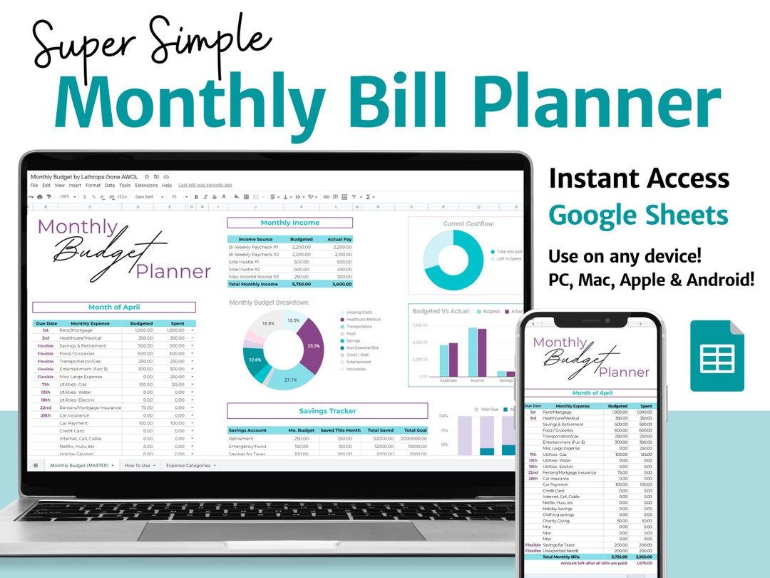 Simple Monthly Budget Spreadsheet Template for Google Sheets | Budget ...