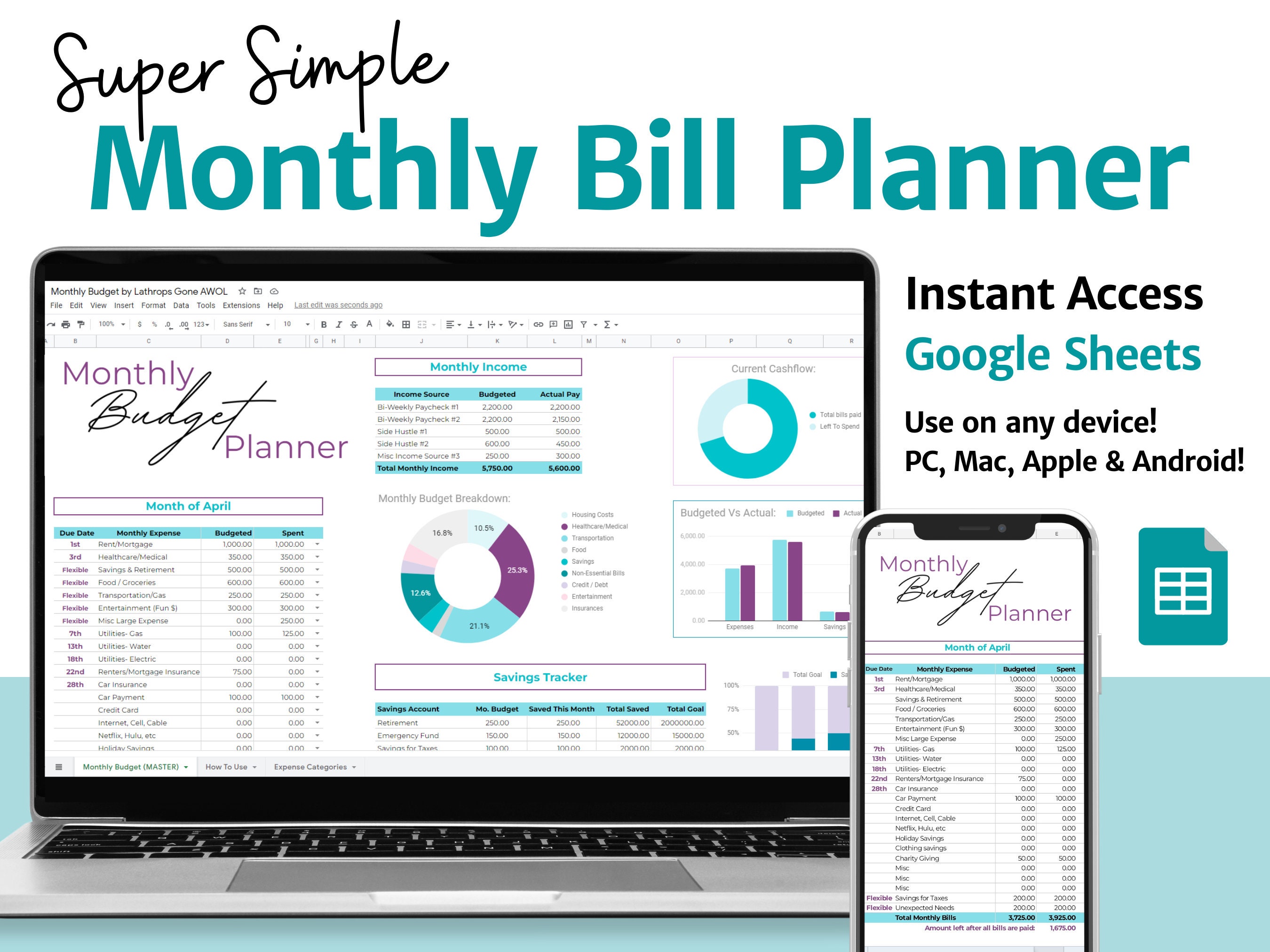 Simple Monthly Budget Spreadsheet Template for Google Sheets | Budget ...