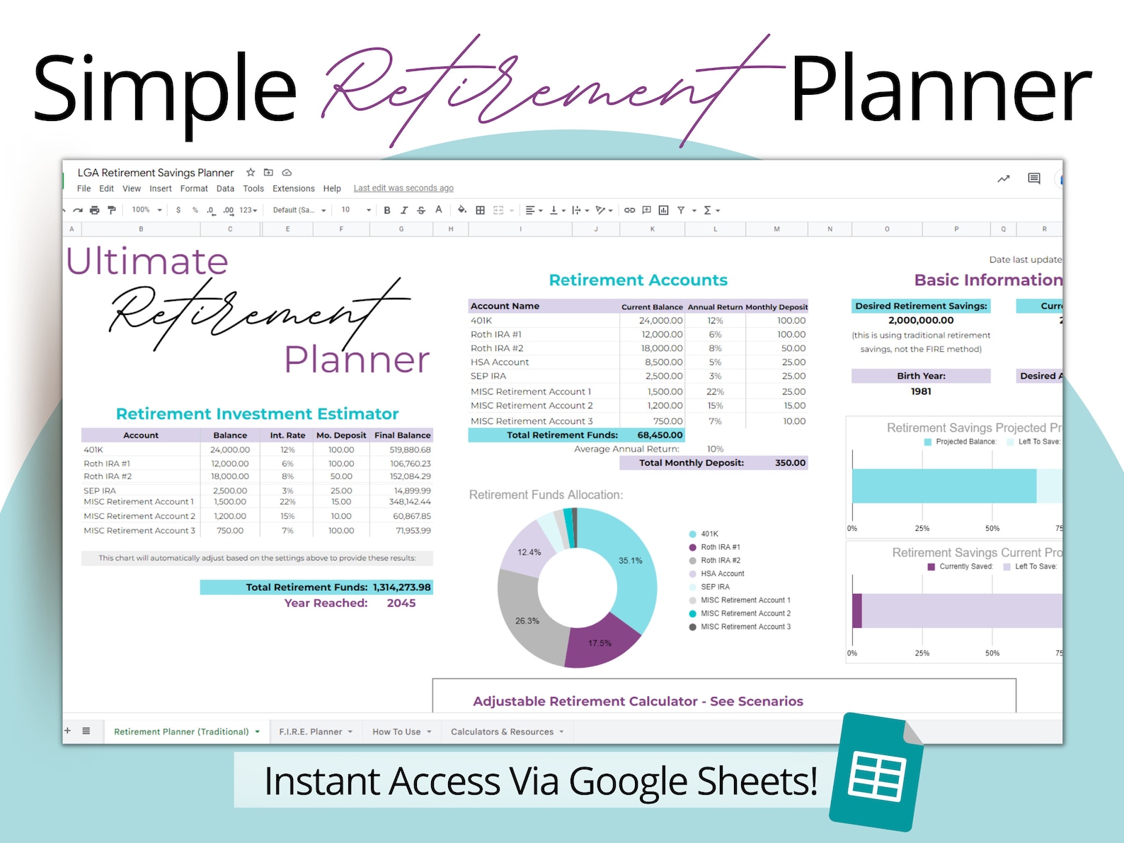 Simple Retirement Planner / Google Sheets / Easy to Use / Retire Early ...