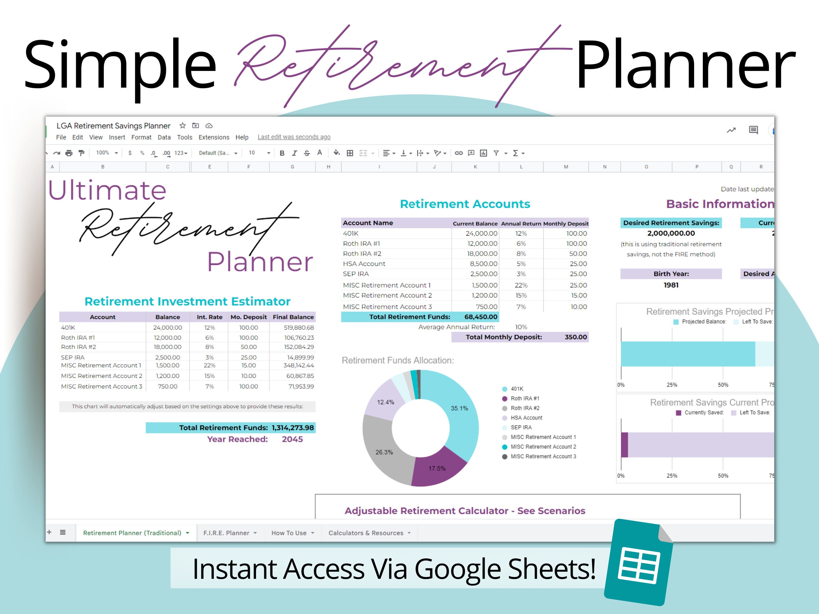 Simple Retirement Planner / Google Sheets / Easy to Use / Retire Early ...