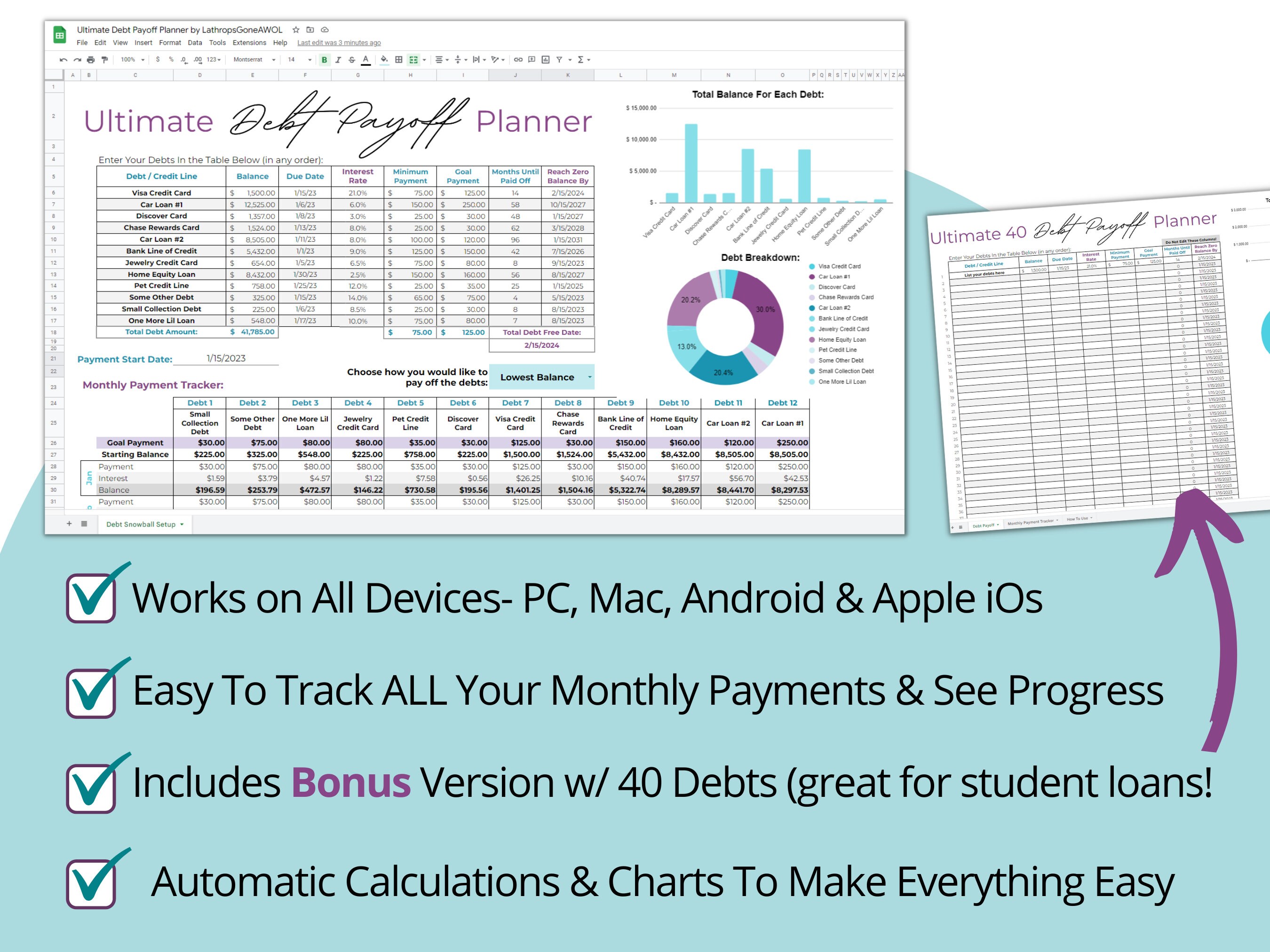 Debt Payoff Spreadsheet for Google Sheets | Easy Debt Tracker, Debt ...