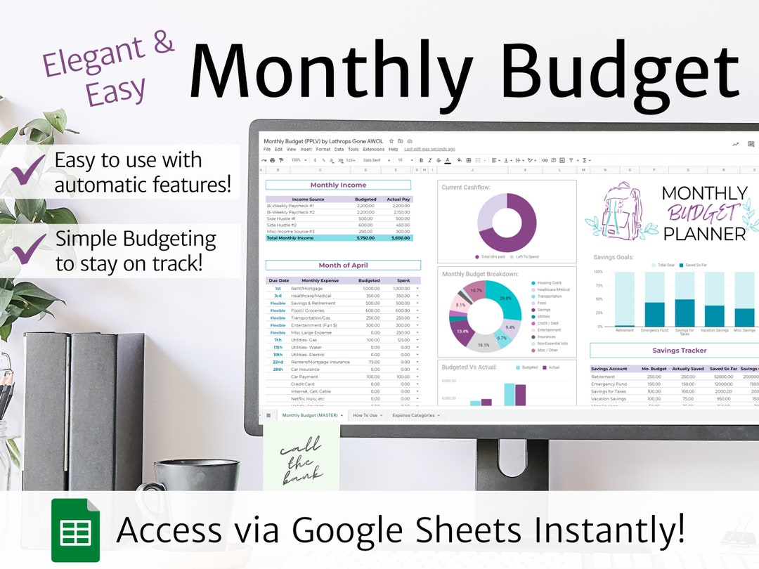 Elegant Monthly Budget Tracker / Google Sheets / Easy to Use / Expenses ...