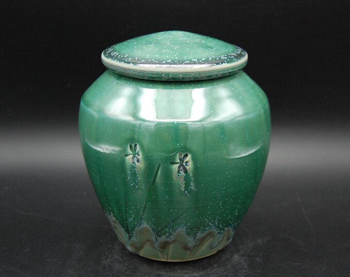 Small Urn, Dragonflies in the Long Grass, Green Crystal, Handmade Ash ...