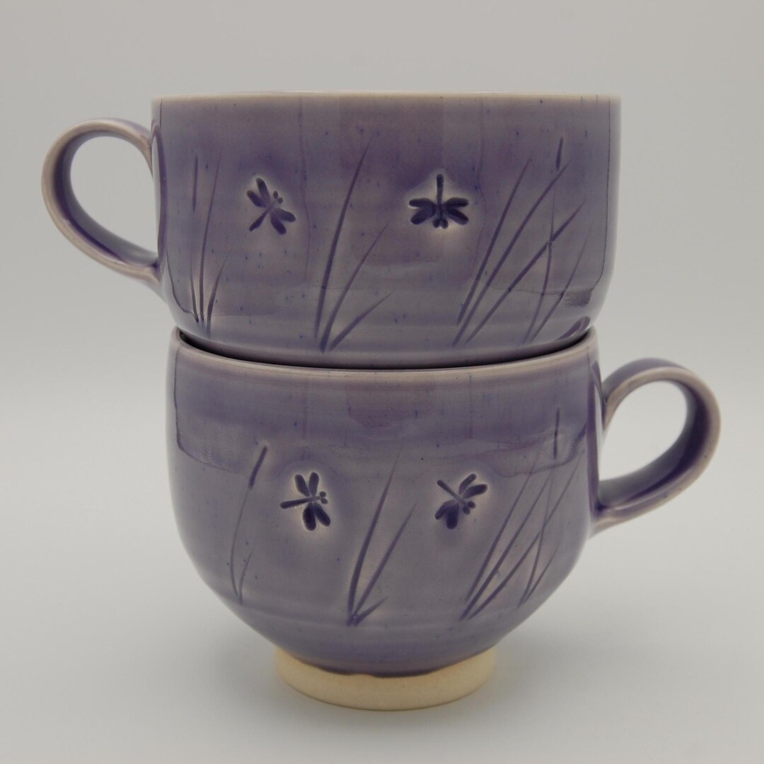 16 Oz Ceramic Mug With Handle, Lavender Lupine and Dragonflies in the ...