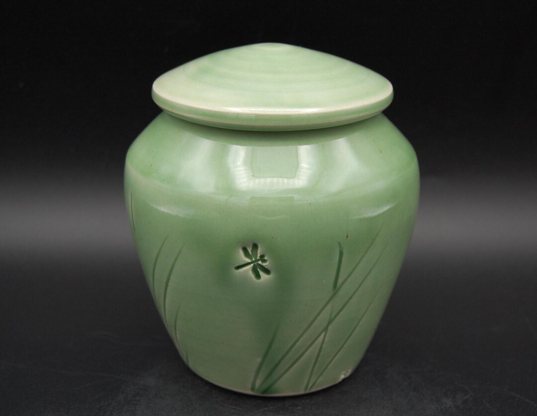 Keepsake Urn, Dragonfly in the Long Grass, Spring Green, Handmade Small ...