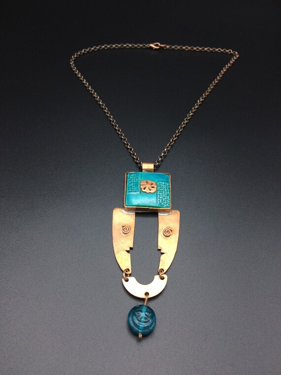 Profile crew neck necklace in copper with turquoise resin | Etsy