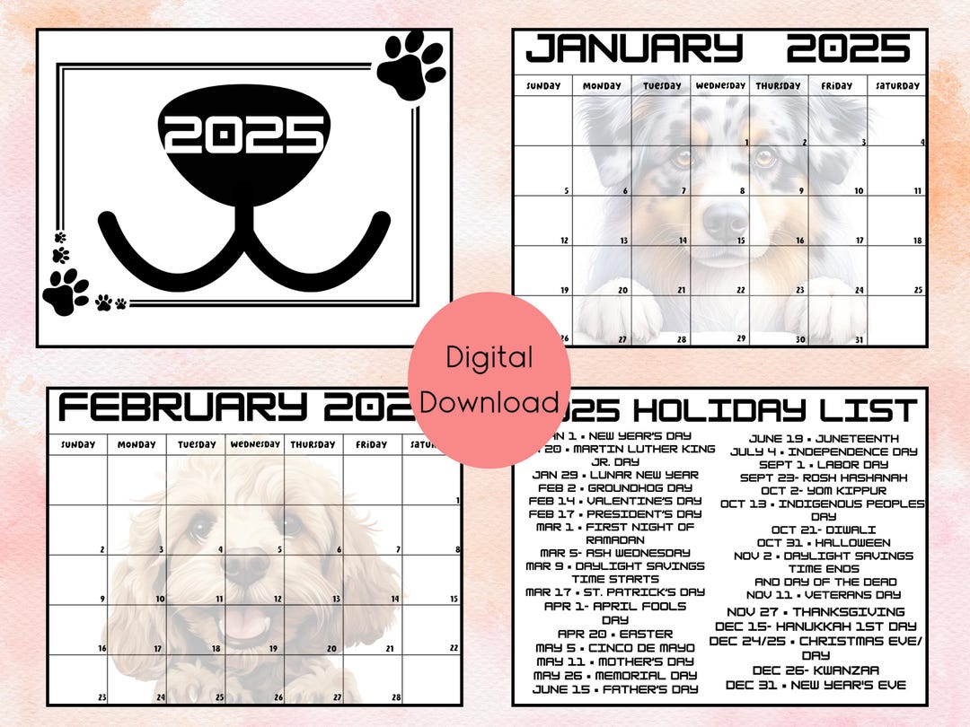 2025 Dog Calendar, Printable Wall Calendar, Cute Puppy Wall Calendar ...