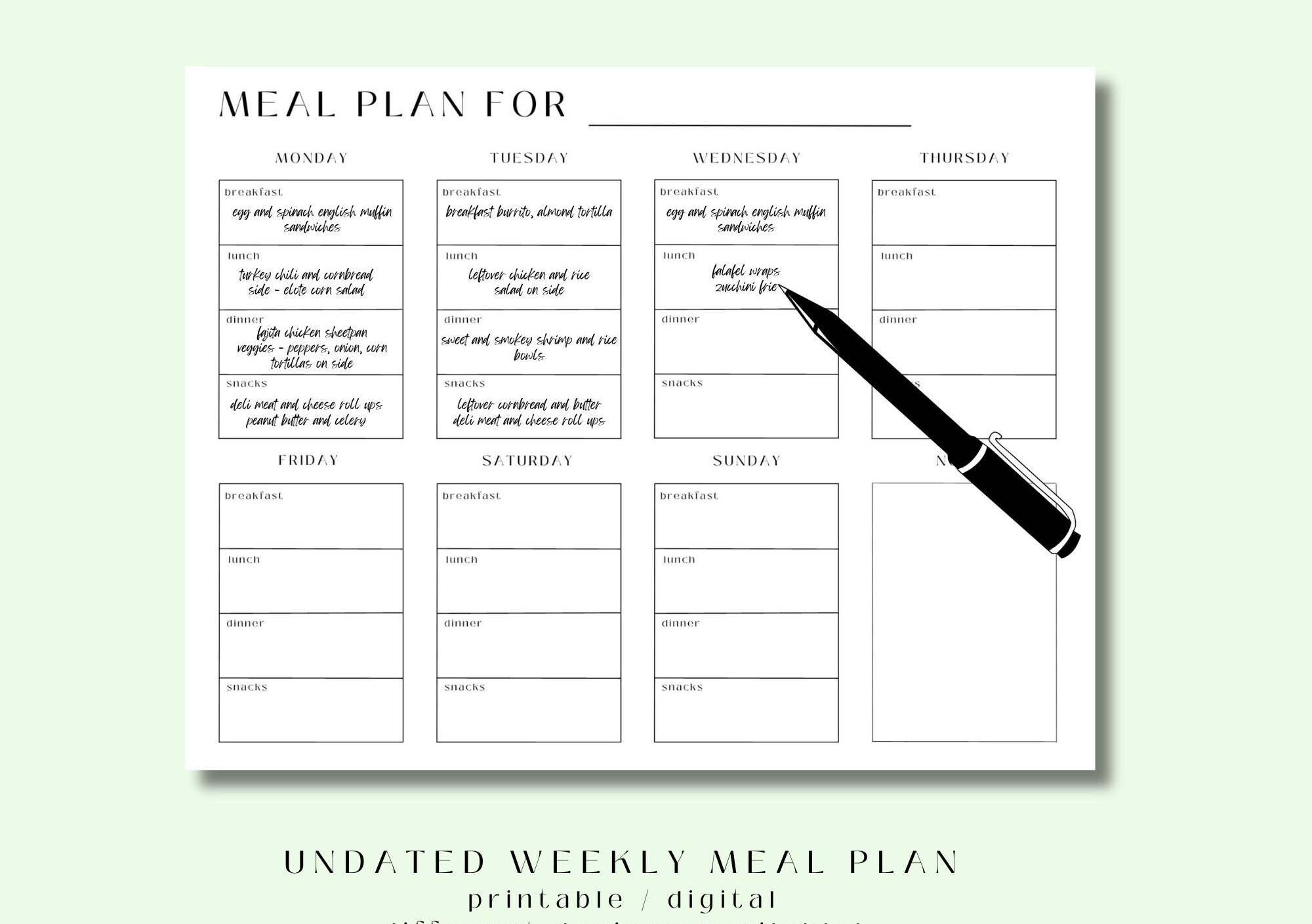 Printable Weekly Meal Planner Landscape Simple, Meal Tracker, Food ...