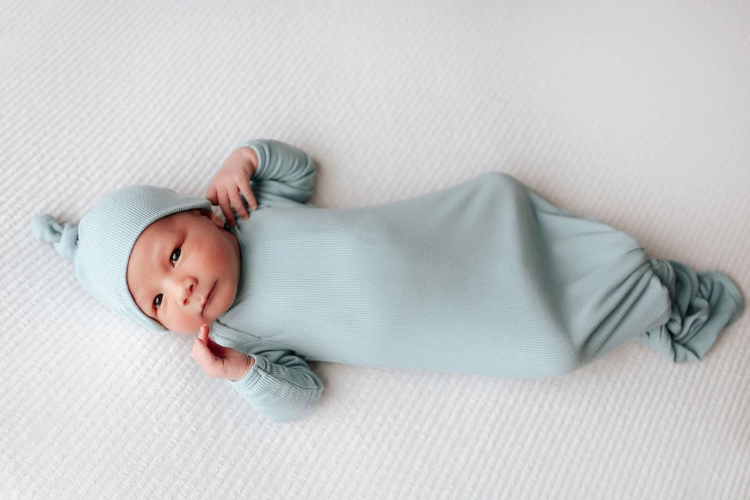 Baby Blue Ribbed Knotted Gown and Hat - Etsy