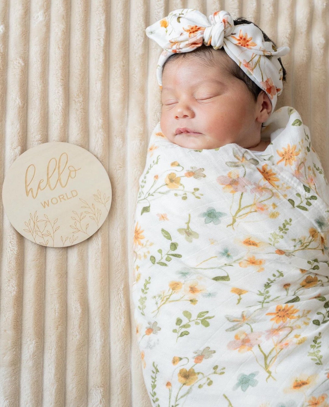 Floral Muslin Swaddle Set: Organic Bamboo Blanket, Modal Hat, Bow ...