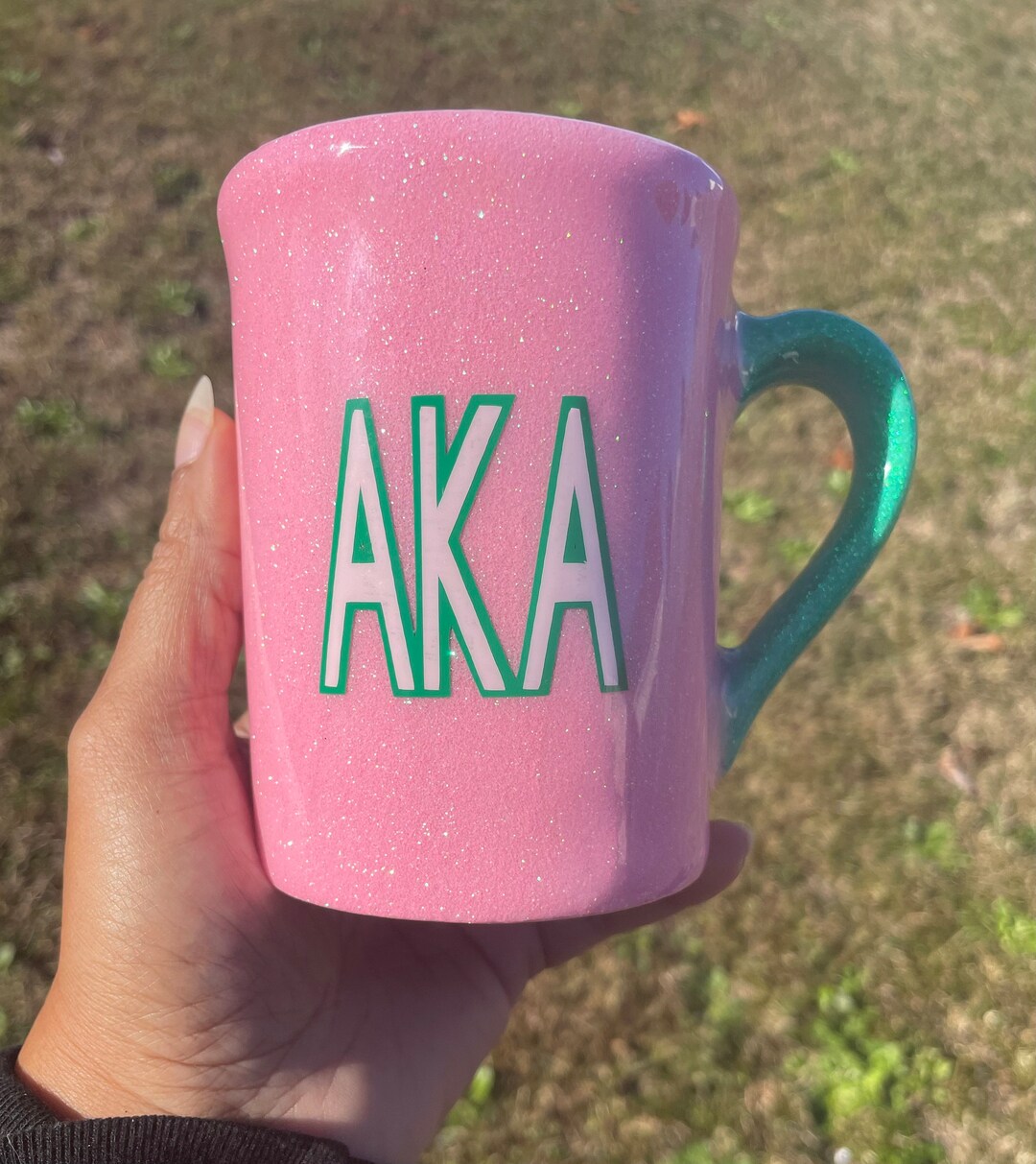 AKA 12 Ounce Pink Glitter Coffee Cup With Green Glitter Handle, or ...