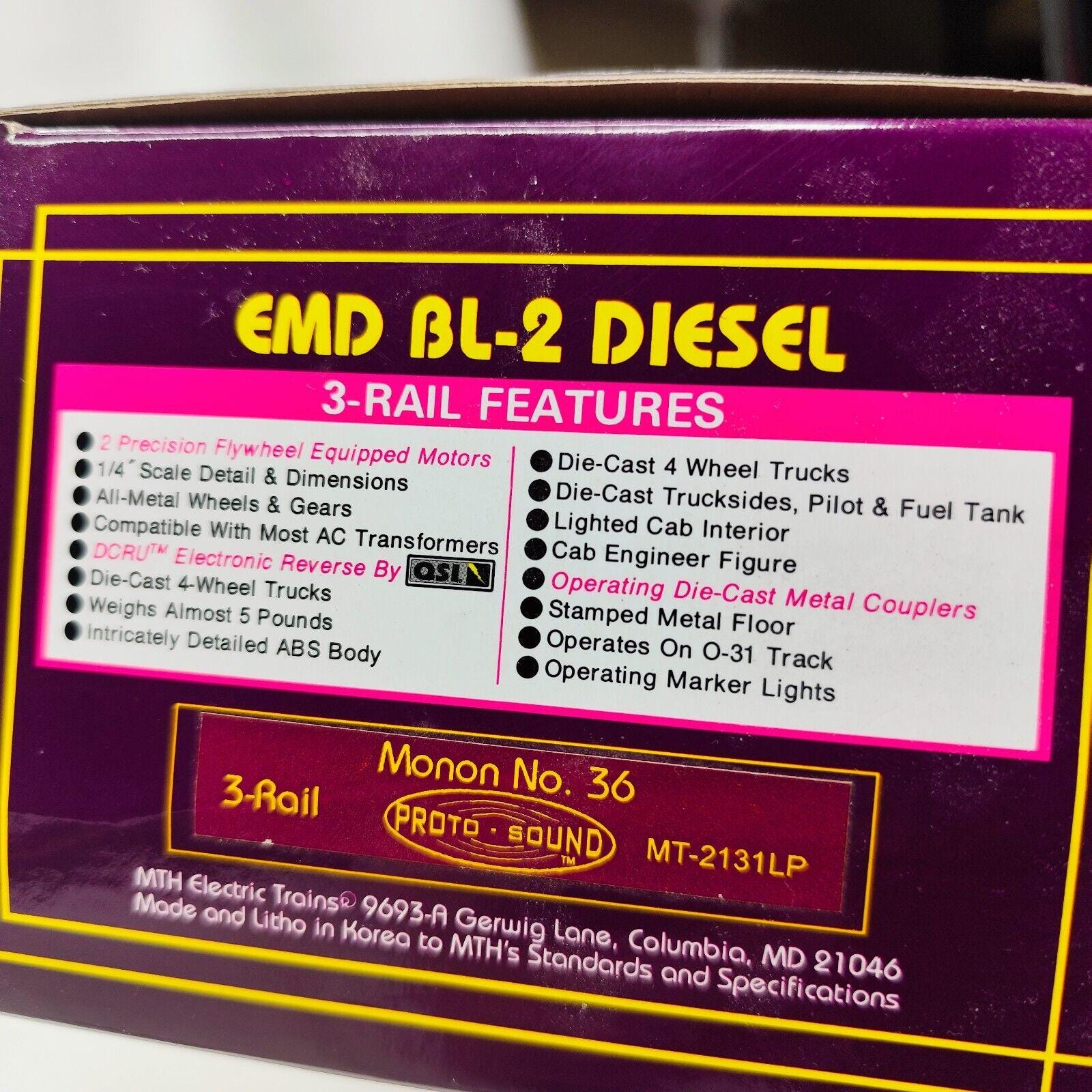 O Gauge MTH Monon Locomotive EMD BL2 Powered Diesel Engine Proto Sound ...