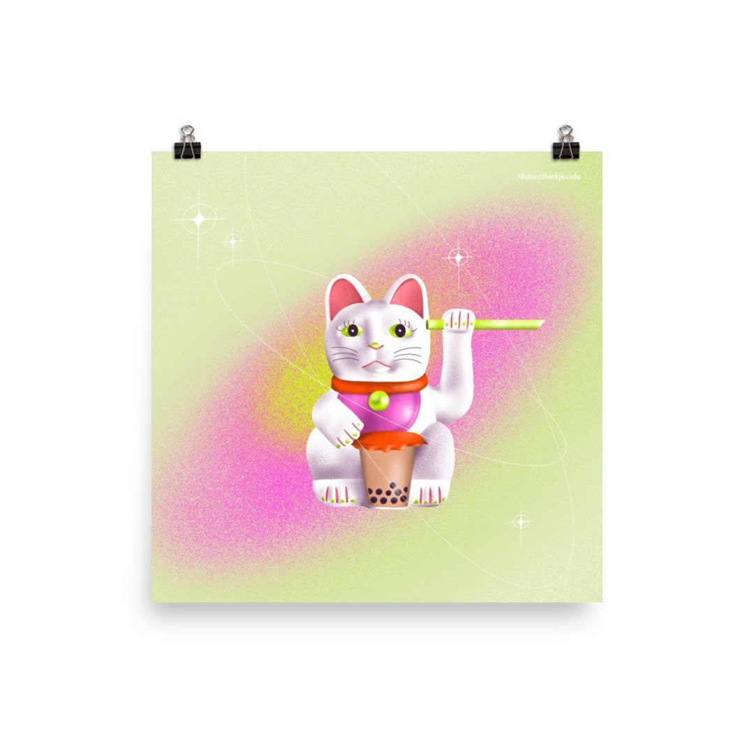 Japanese Boba Tea Cat Illustrated Art Print | Unique Gift for Cat ...