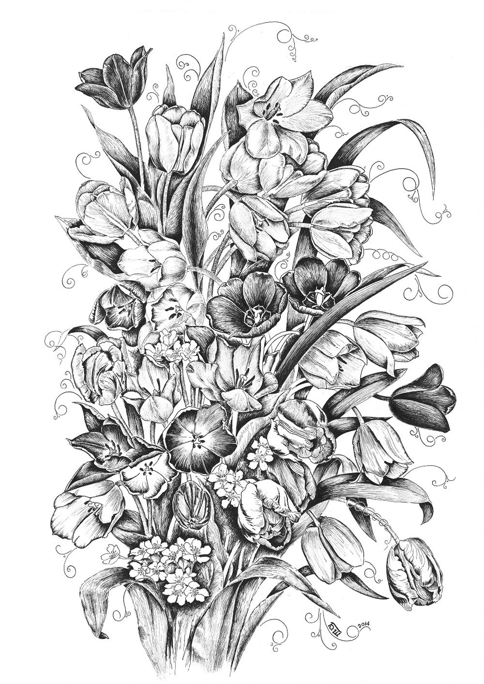 Digital Download, Printable Pen and Ink Drawing, Flowers, Tulips ...