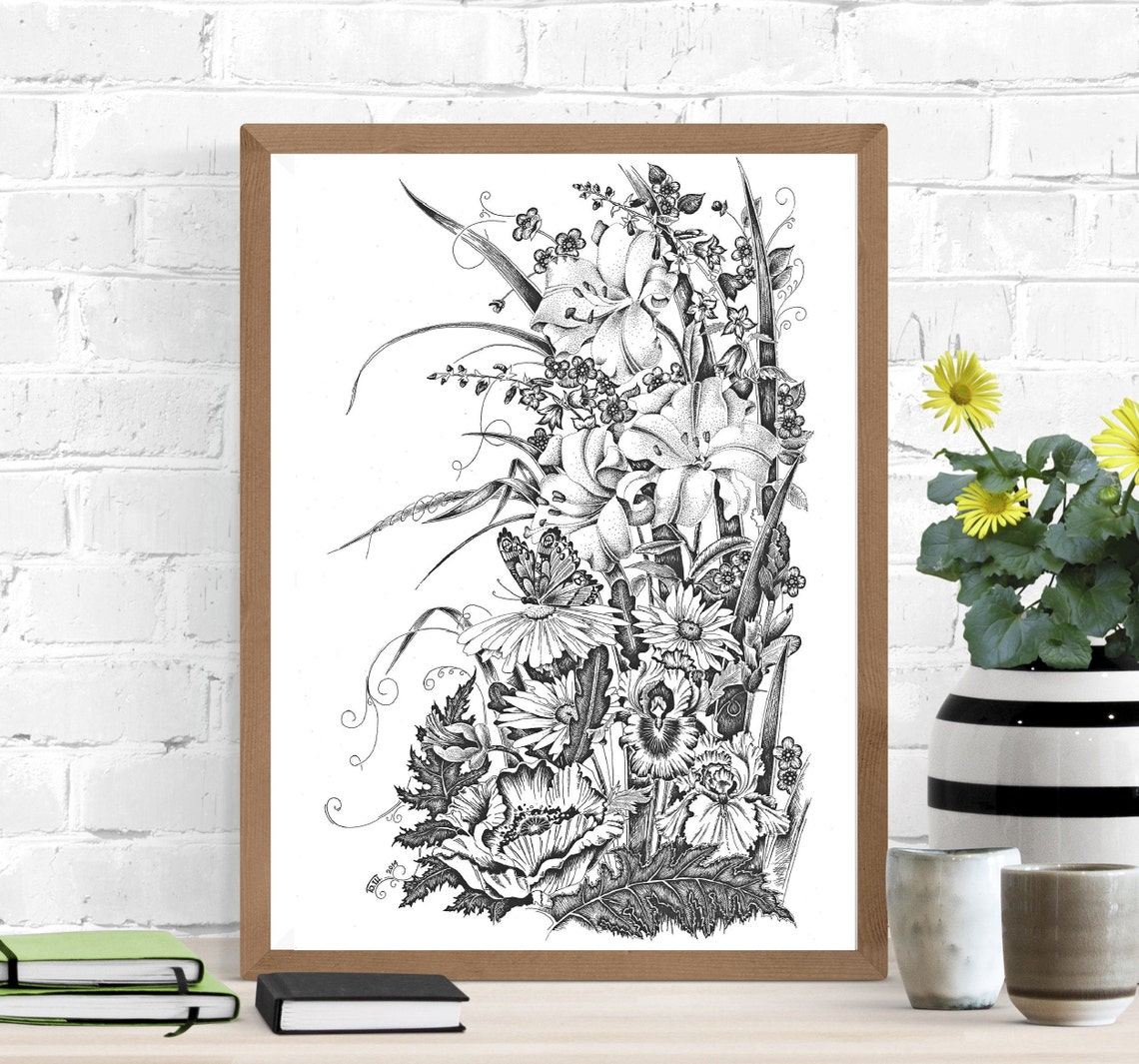 Printable Pen and Ink Drawing Digital Floral Drawing Black - Etsy