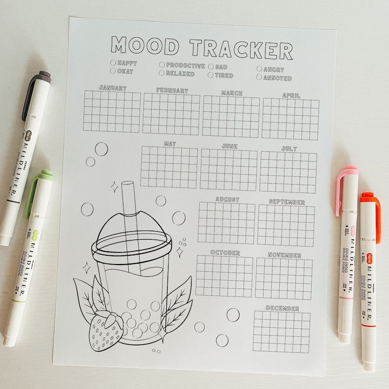 Printable Boba Tea Mood Tracker – Color-in Bullet Journal Page, Bujo ...