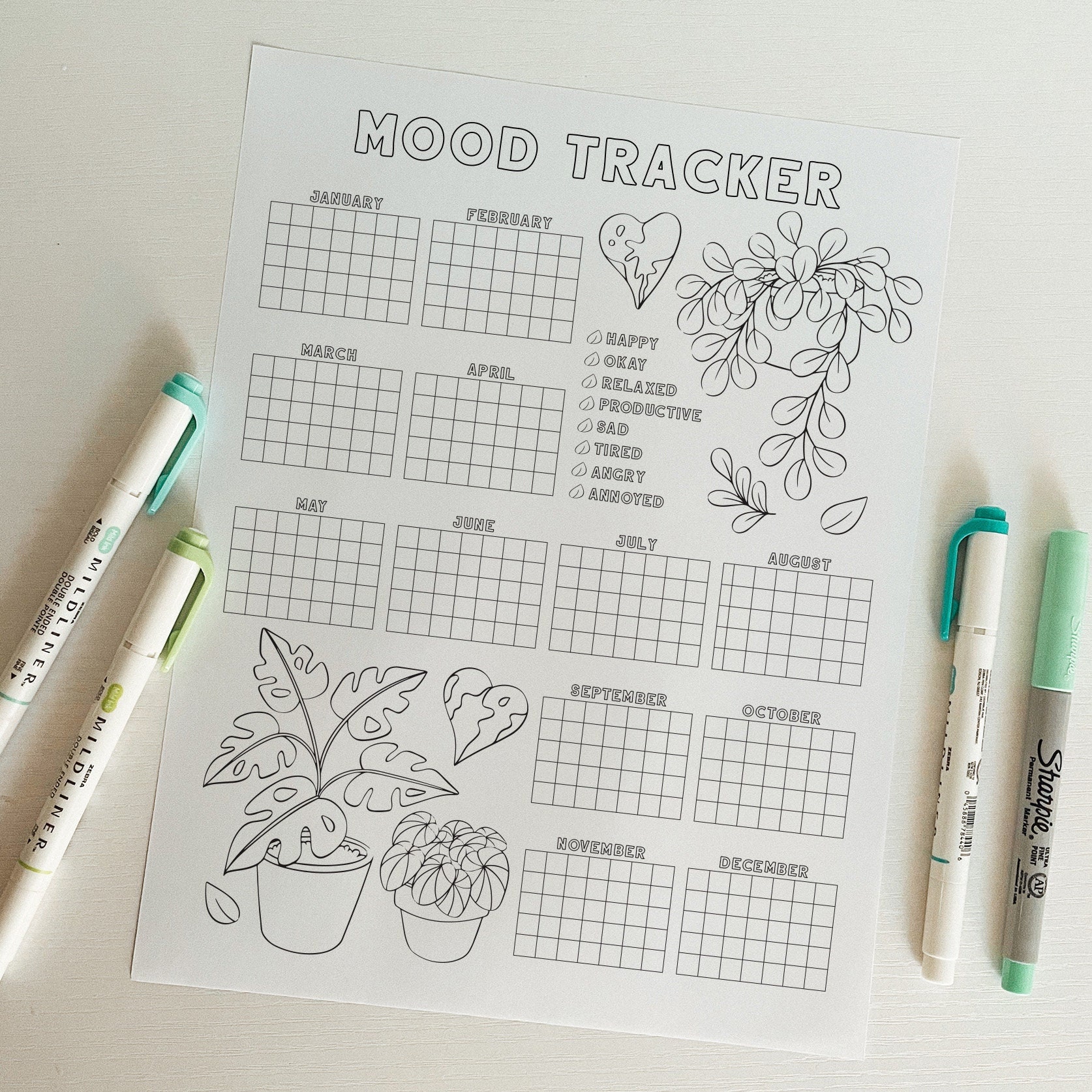 Printable Plants Mood Tracker – Color-in Bullet Journal Page, Bujo Mood ...