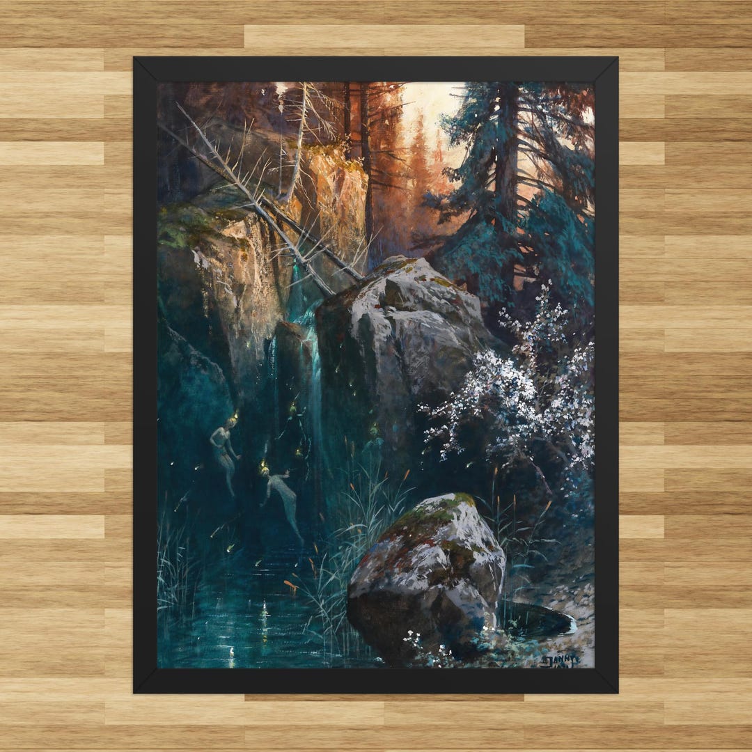 Nymphs at a Waterfall in a Forest by Georg Janny - Framed Landscape Art ...