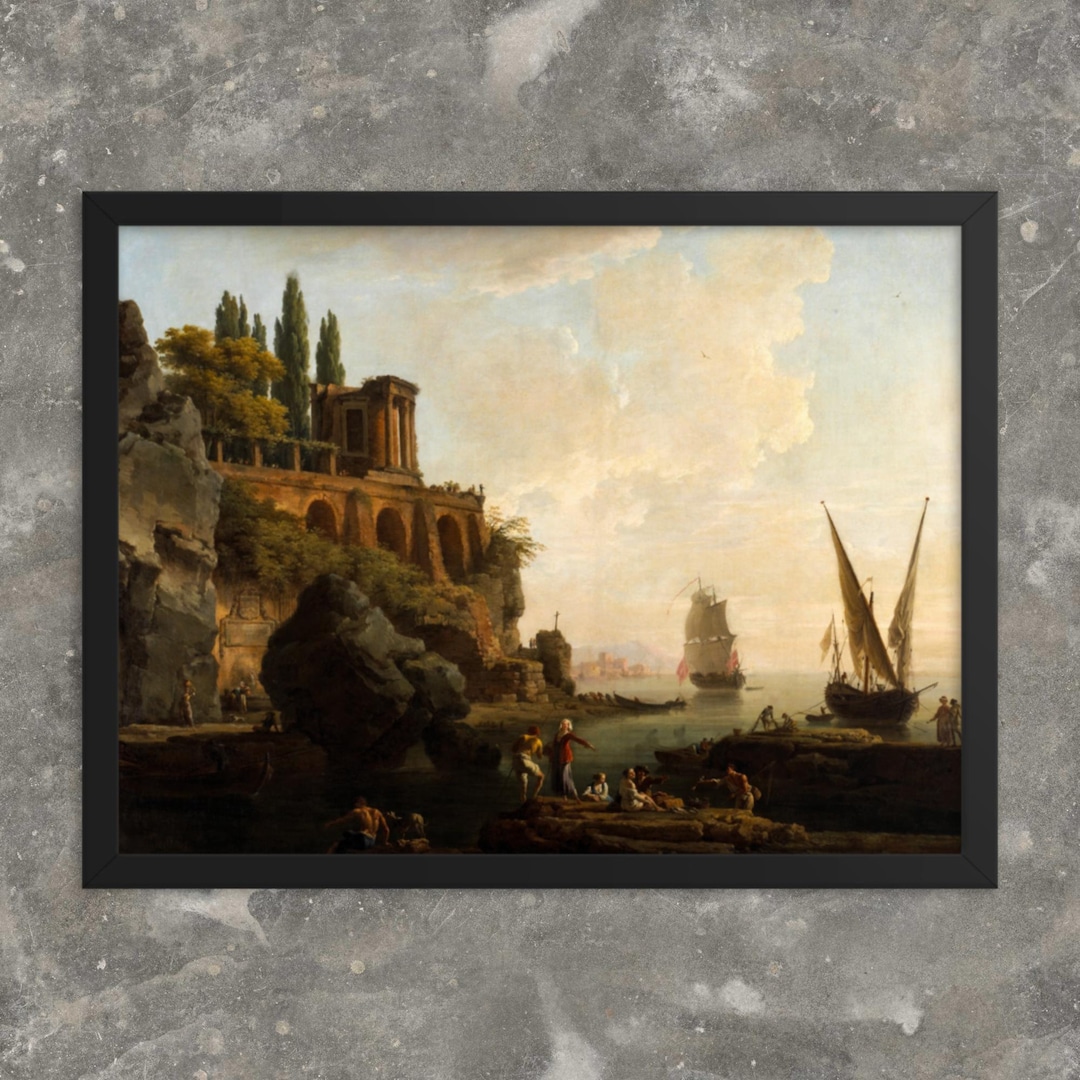 Framed Landscape Art Print - Imaginary Landscape, Italian Harbor Scene ...