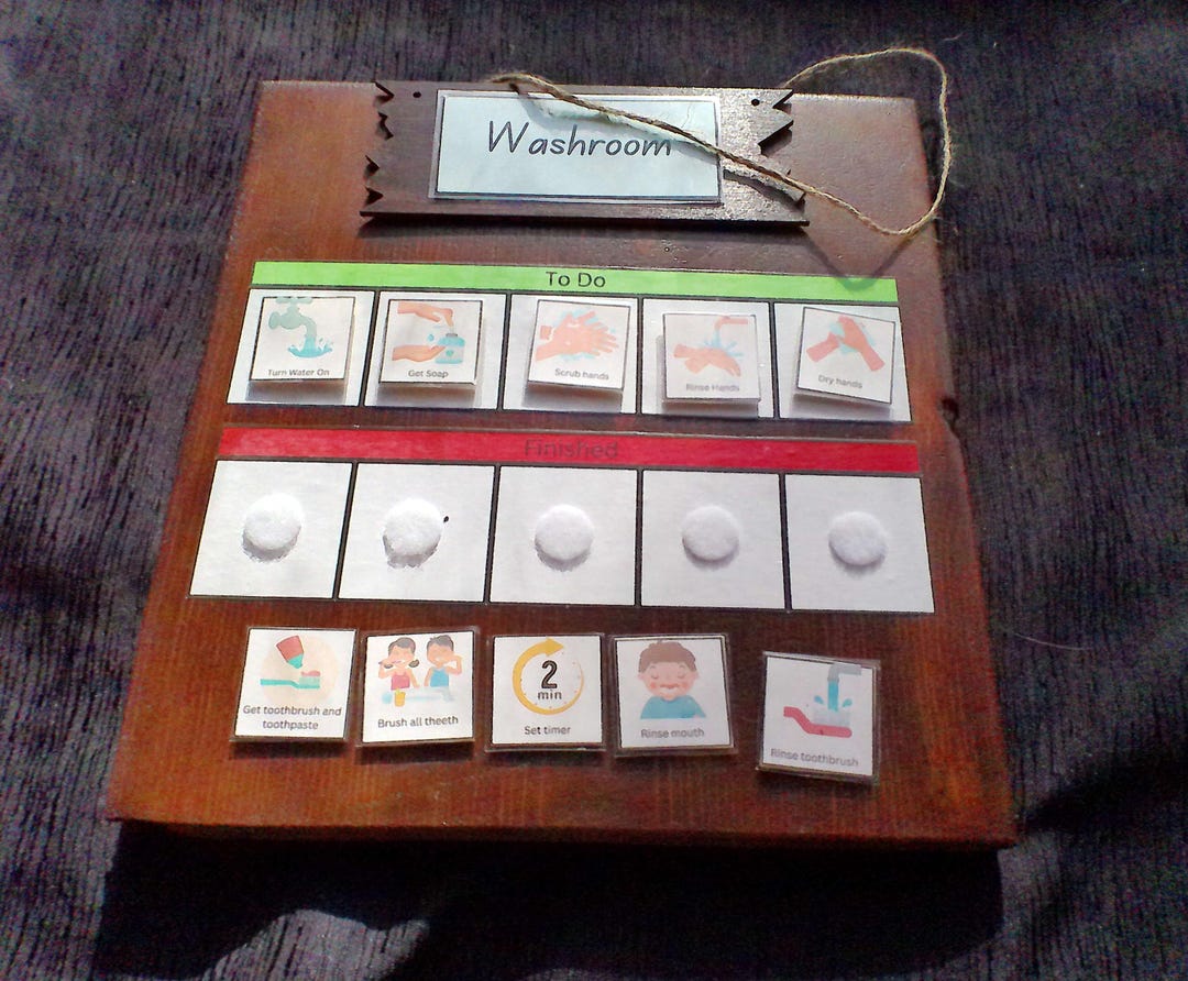 Dark Wooden Bathroom Visual Schedule Board | Daily Routine Support for ...