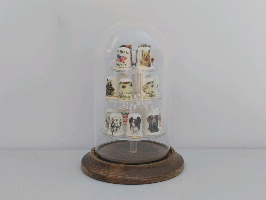 Thimble Cloche' Walnut With Glass Dome / Contains 17 Thimble Collection ...