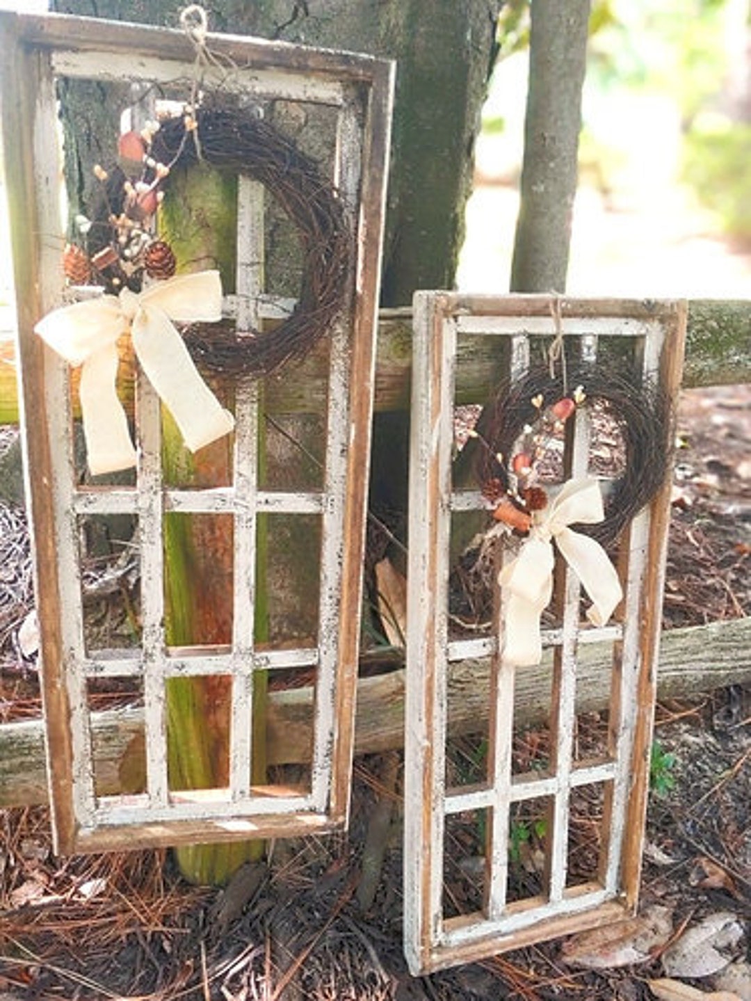 Pair of Rustic Farmhouse Windows With Primitive Wreaths - Etsy
