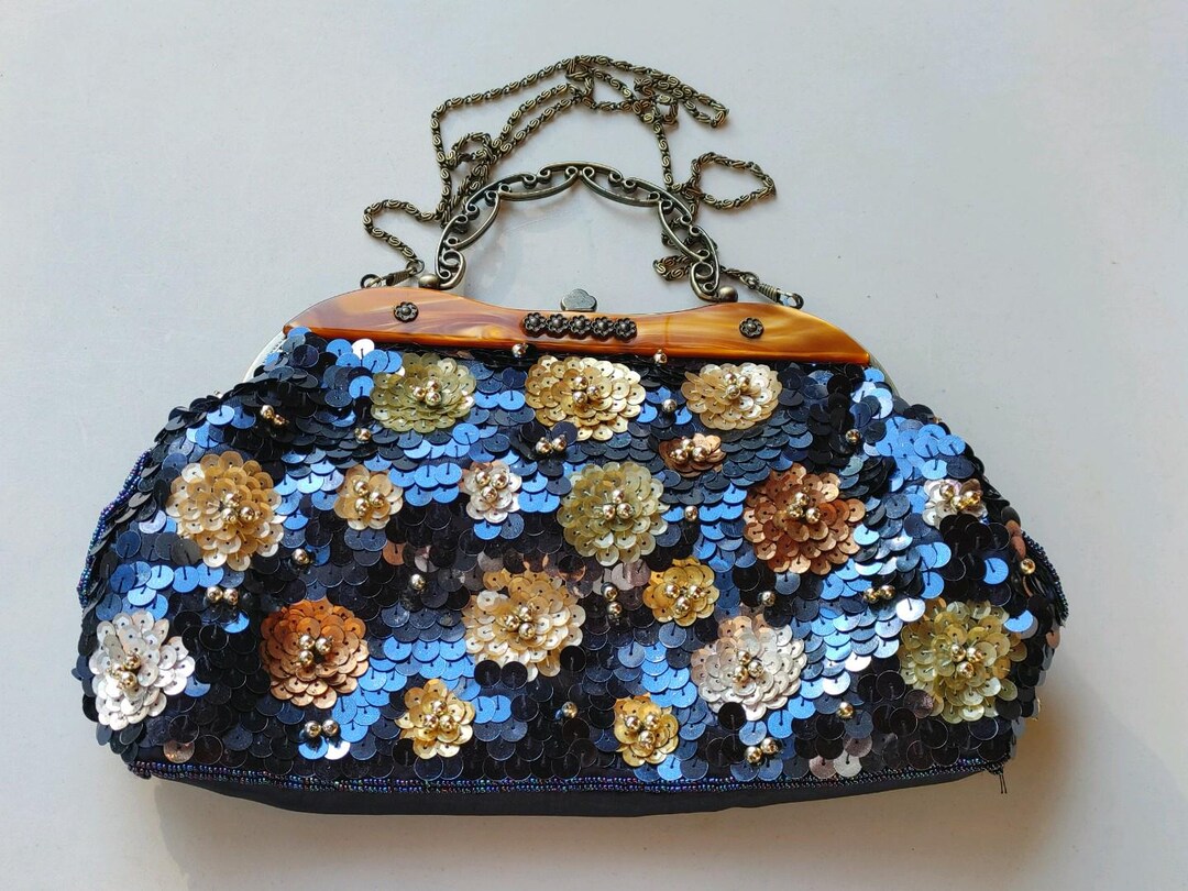 BAKELITE LUCITE CLUTCH - Elegant Evening Purse / Navy Sequined and ...
