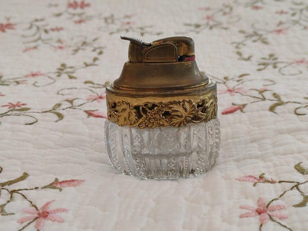 Crystal & Brass Vintage Tabletop Lighter/berry and Leaf Pattern/1940's ...