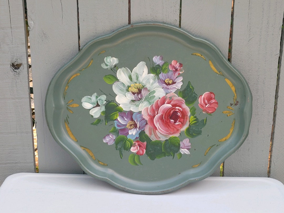 Vintage Tole Hand Painted Metal Serving Tray/circa 1940's/florals/gold ...