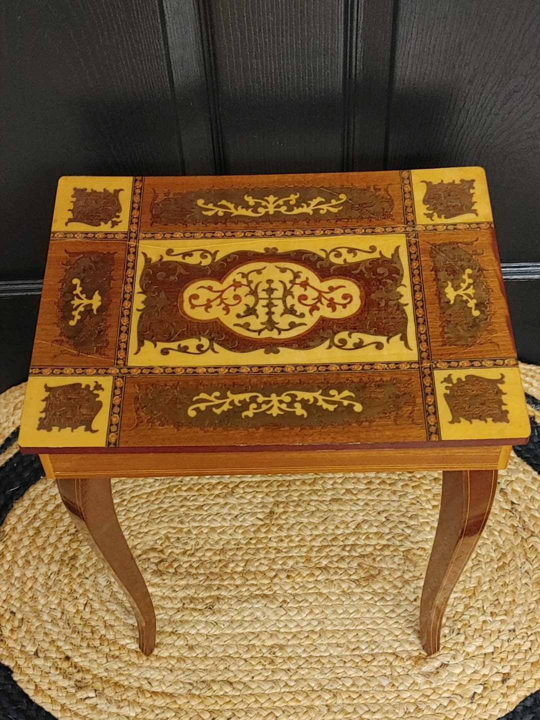 ITALY - MARQUETRY MUSIC Table: 1960's Inlaid Marquetry Music Side Table ...