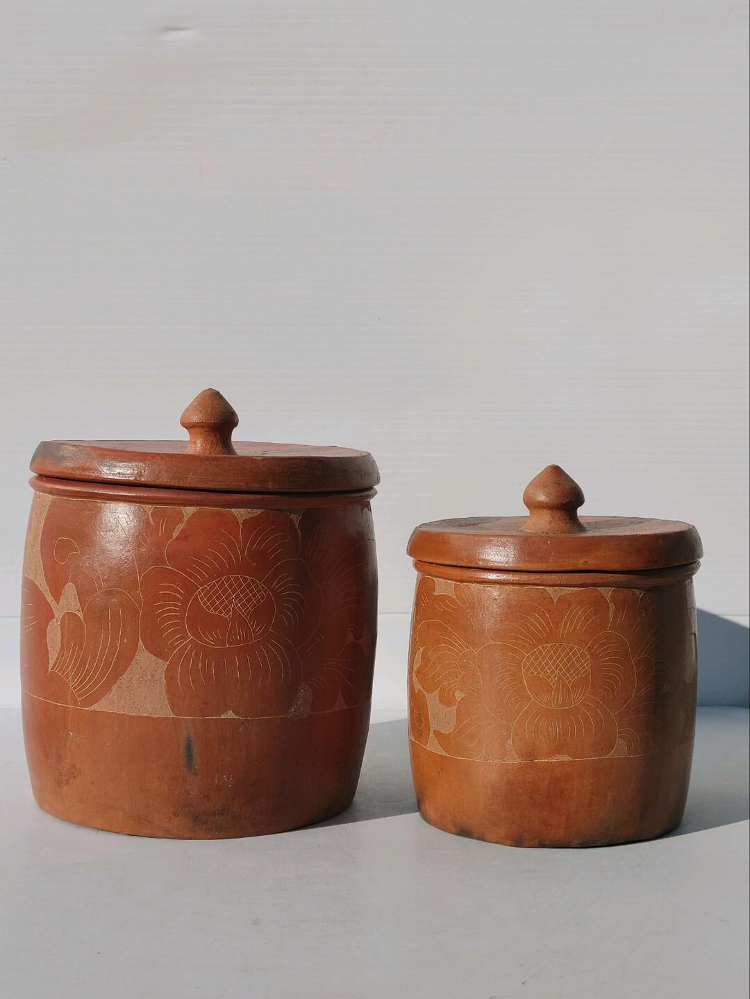 Vintage Incised Clay Pot & Lid Duo Set - Etsy