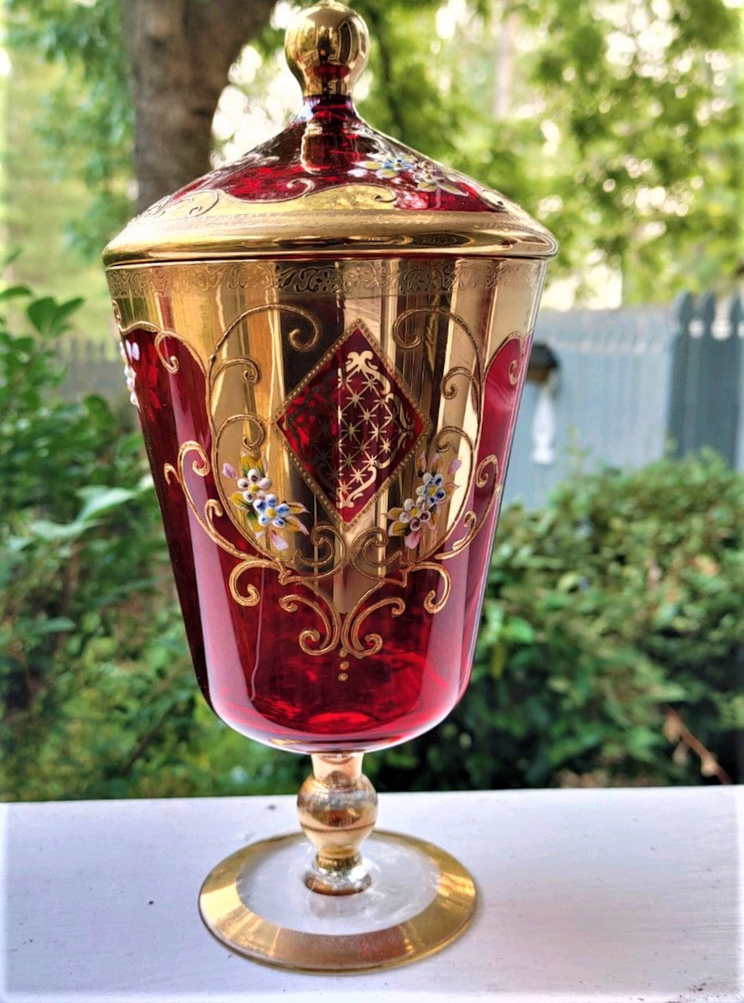 Gold Gilded 1950s Ruby Red Compote Dish With Lid, 10.5 High X 5.5 Deep ...