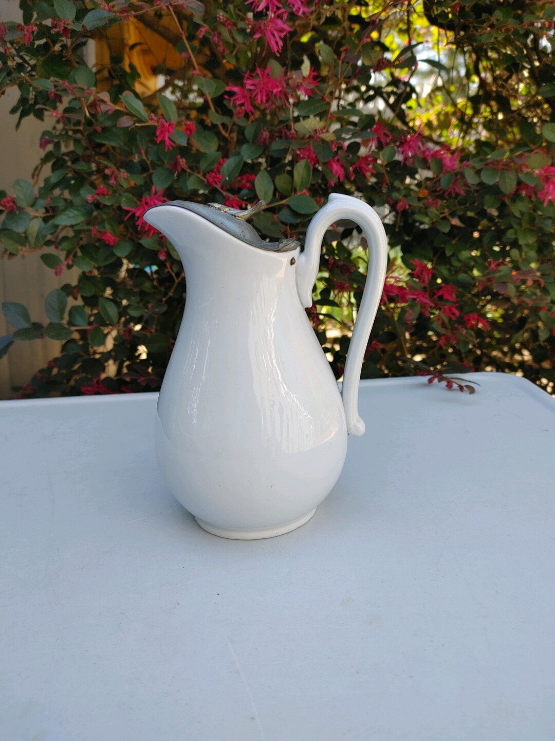 Antique White Ironstone Syrup Pitcher With Pewter Lid / Early 1900's - Etsy