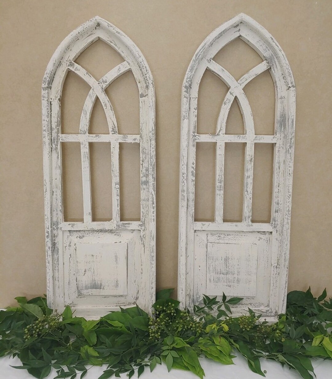 Pair of Farmhouse Windows, Arch Cathedral Wood, Whitewash Chalk Paint ...