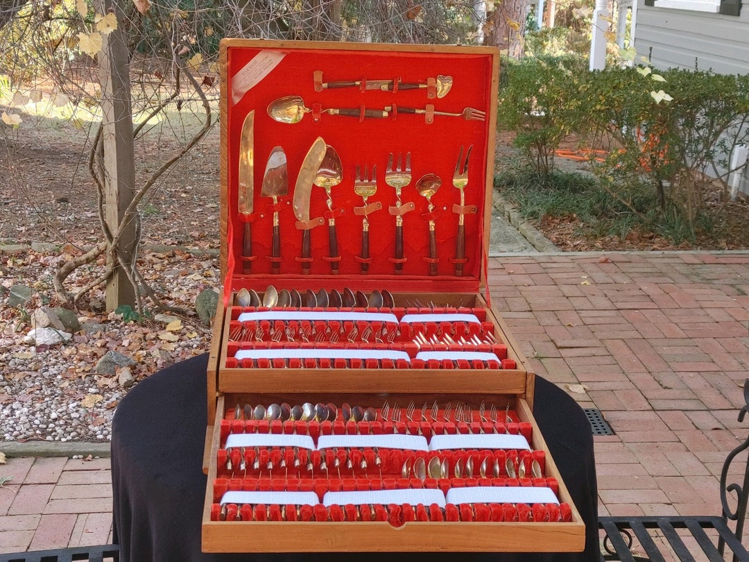 Vintage Thailand Bronze Flatware Set for 12 in Teakwood Case - Etsy