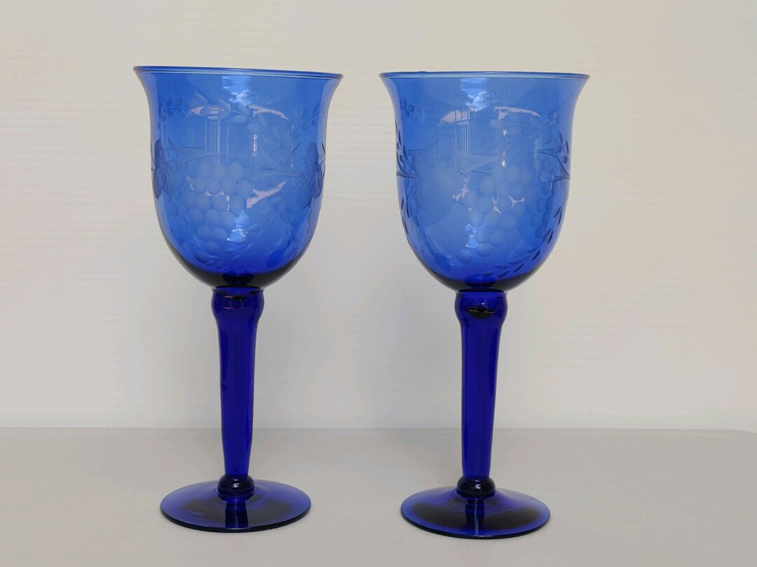 GLASSWARE: Goblets, Stunning Cut Glass Cobalt Blue Hand-blown Ground ...