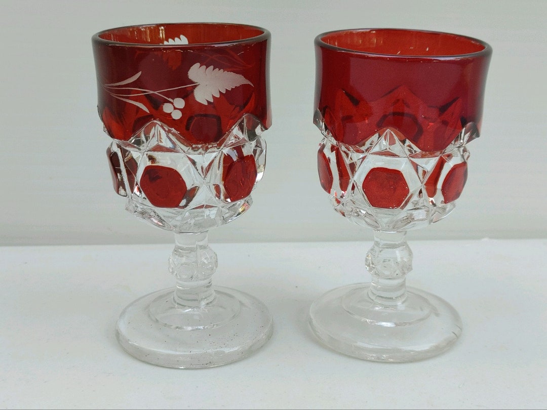 Ruby Flash Wine or Juice Small Goblets Double Block Hexagon Pattern ...