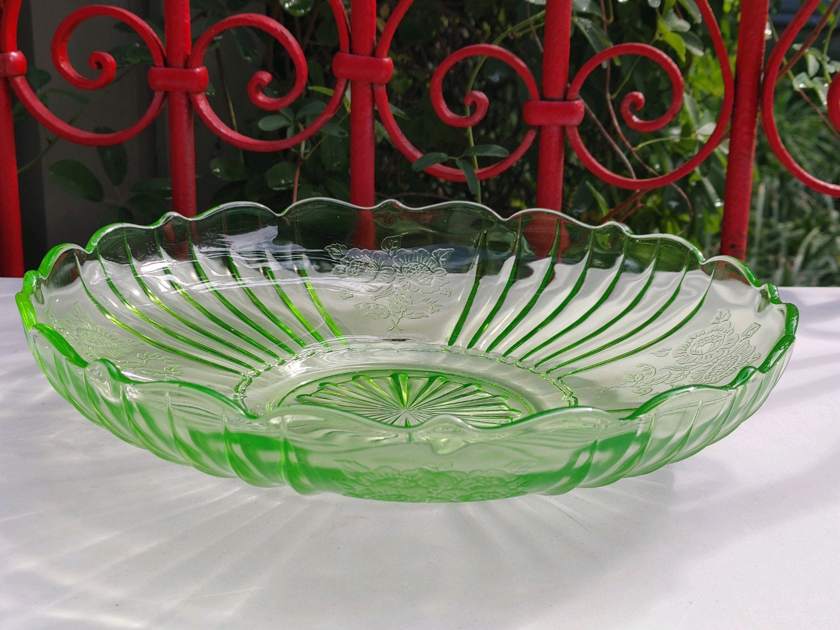 1930s Uranium Glass Bowl – Anchor Hocking Mayfair Open Rose, Depression ...