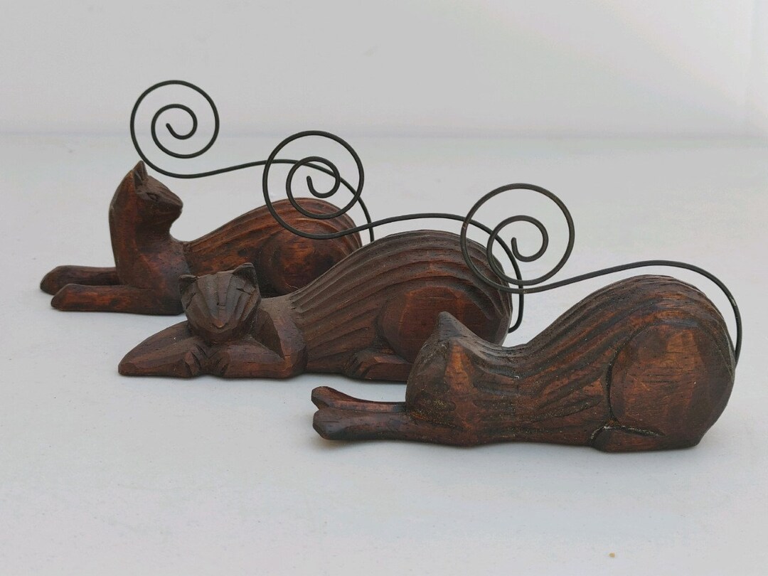 Hand Carved Wooden Cat Note Card Holders Trio Set of Three Cats - Etsy