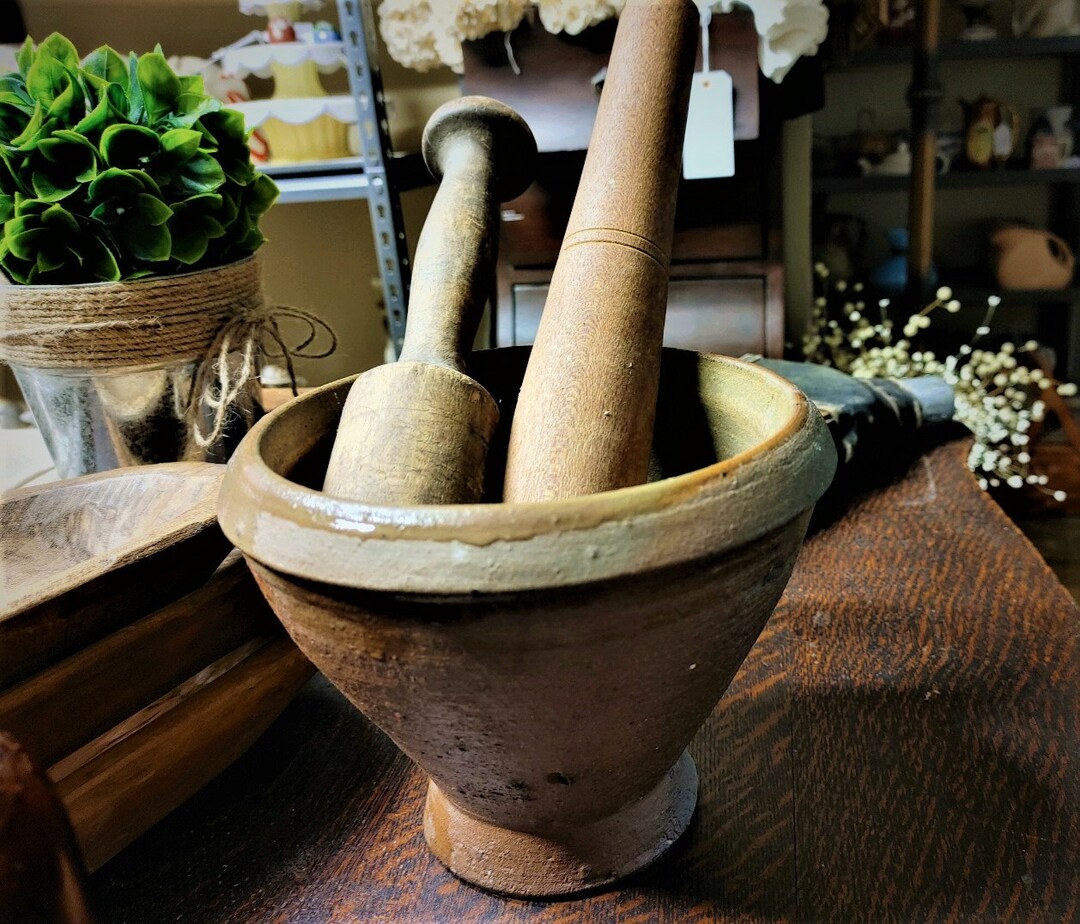 Mortar and Pestles Primitive Pottery Bowl Hand Carved Artisan Wood Antique Pestles 2 - Etsy