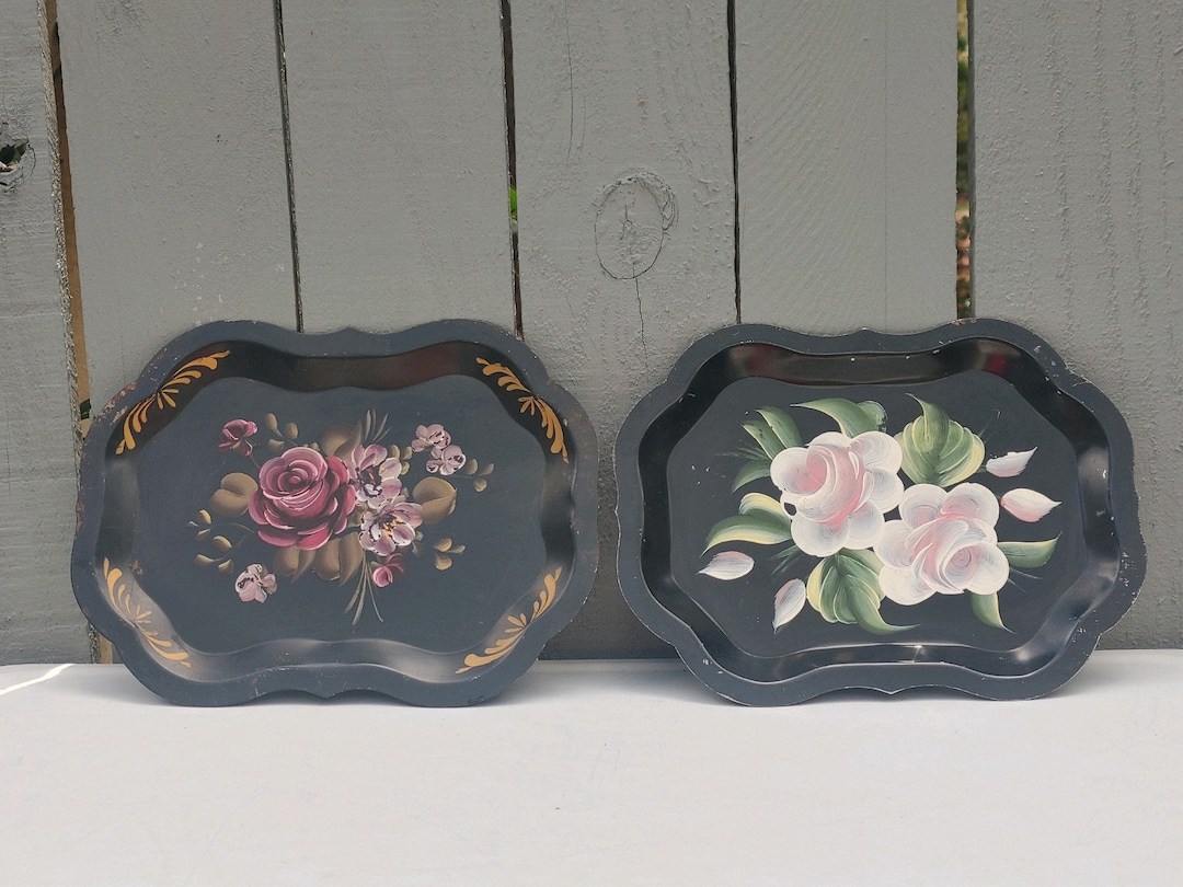 1940's Hand Painted Trays/deep Rose and Light Pink Floral Tole/fine ...