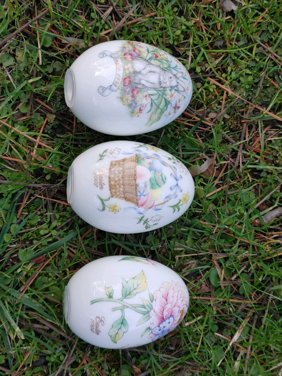 Noritake Bone China Easter Eggs 1998 Rabbit in Flowers, 2002 Egg Basket, 2004 Peonie & Butterfly ...
