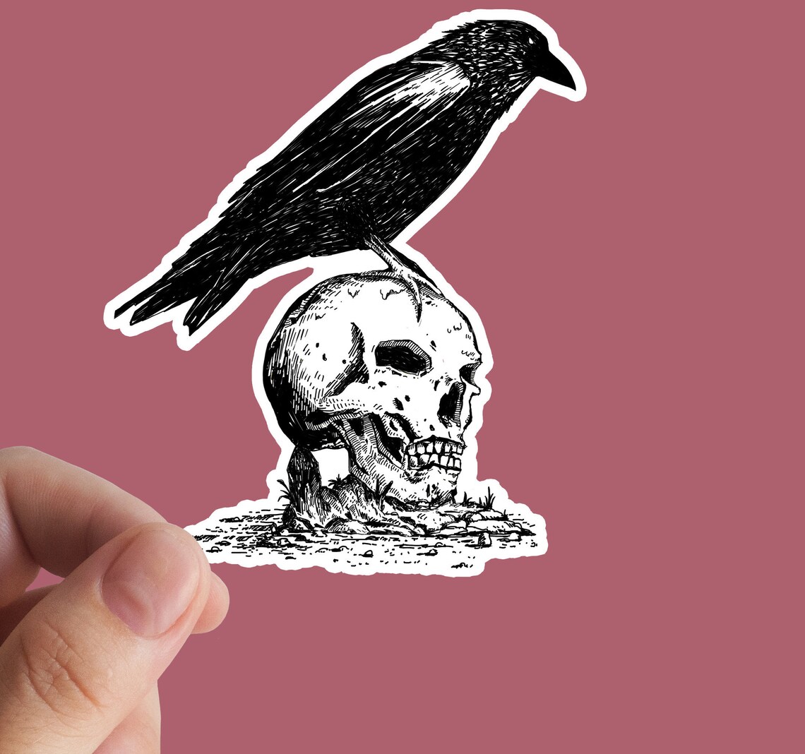 Raven and Skull Sticker Raven Sticker Spooky Sticker - Etsy